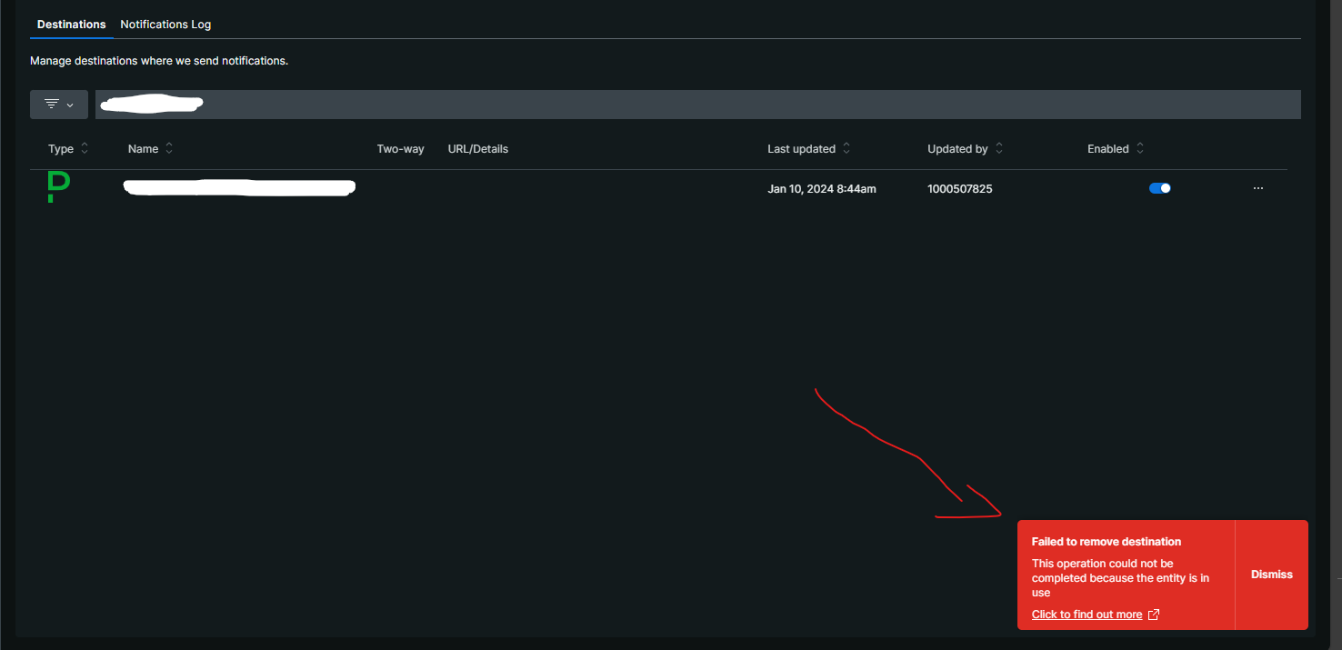 Hub Topic: Failed to remove destination